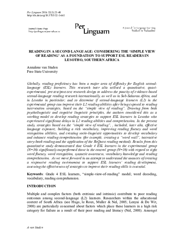 (PDF) Reading in a second language: Considering the "simple view of reading" as a foundation to ...