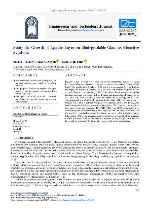 (PDF) Study the Growth of Apatite Layer on Biodegradable Glass as ...
