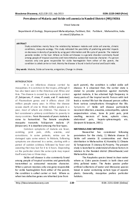 Pdf Prevalence Of Malaria And Sickle Cell Anemia In Nanded District 4842