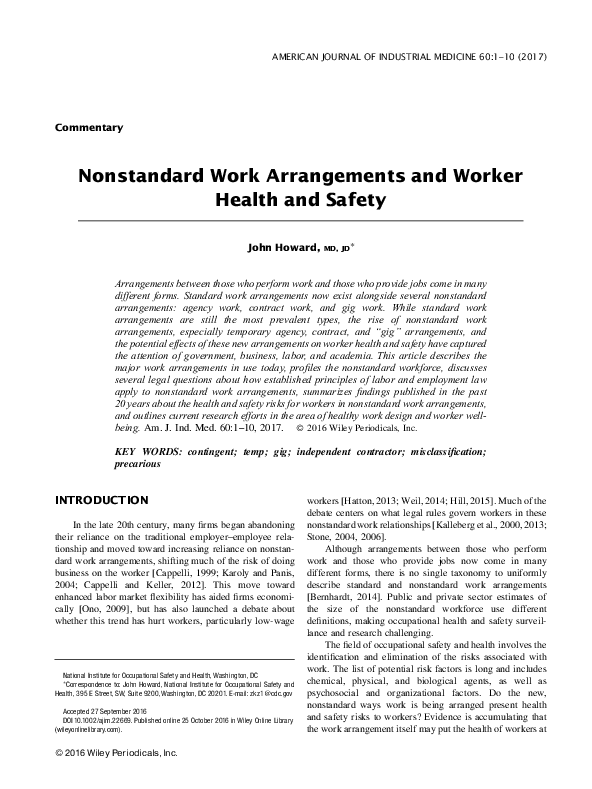 (PDF) Nonstandard work arrangements and worker health and safety