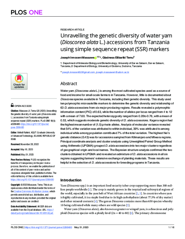 (PDF) Unravelling the genetic diversity of water yam (Dioscorea alata L.) accessions from ...