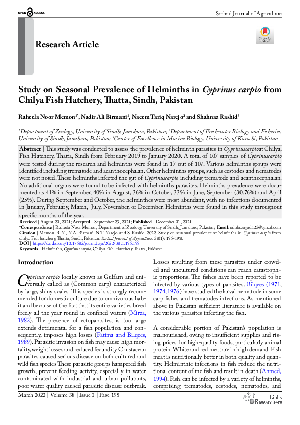 (PDF) Study on Seasonal Prevalence of Helminths in Cyprinus carpio from ...