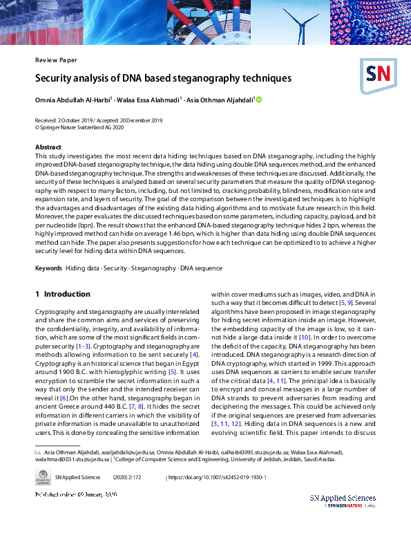 (PDF) Security analysis of DNA based steganography techniques
