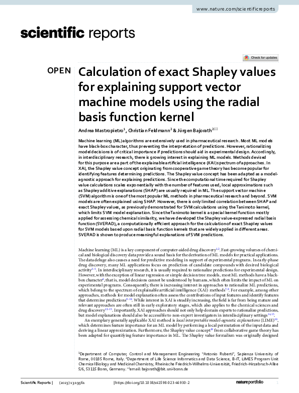 Pdf Calculation Of Exact Shapley Values For Explaining Support Vector Machine Models Using The