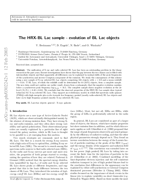 (PDF) The HRX-BL Lac sample - evolution of BL Lac objects. astro-ph/0302242