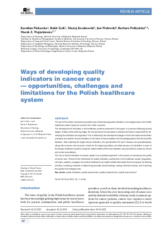 (PDF) Ways of developing quality indicators in cancer care — opportunities, challenges and ...