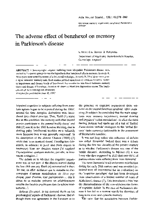 (PDF) The adverse effect of benzhexol on memory in Parkinson's disease