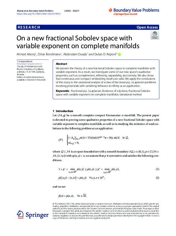 (PDF) On a new fractional Sobolev space with variable exponent on complete manifolds | Abdesslam ...