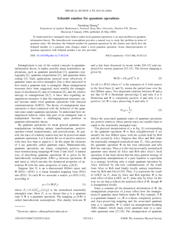 (PDF) Schmidt number for quantum operations | Siendong Huang - Academia.edu