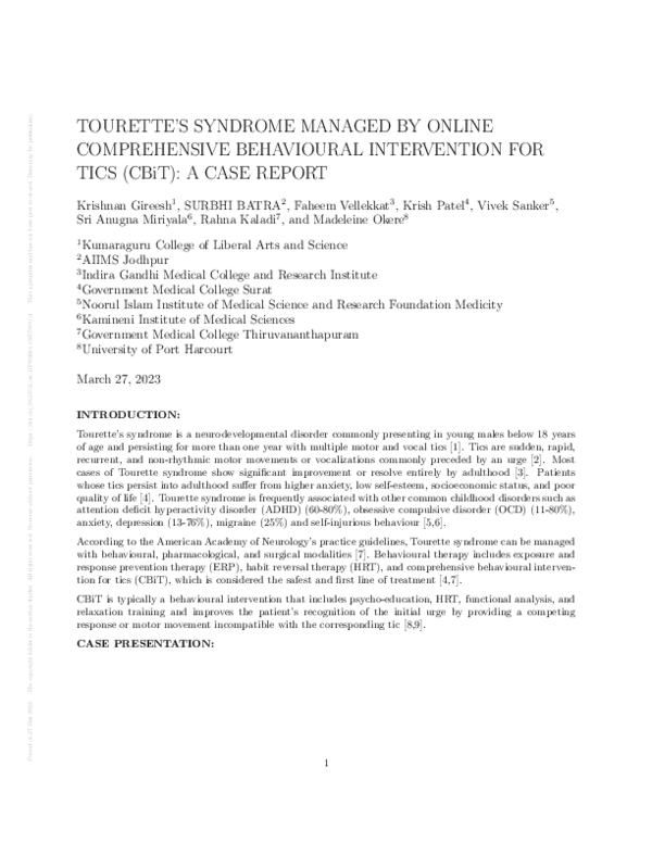 (PDF) TOURETTE’S SYNDROME MANAGED BY ONLINE COMPREHENSIVE BEHAVIOURAL ...