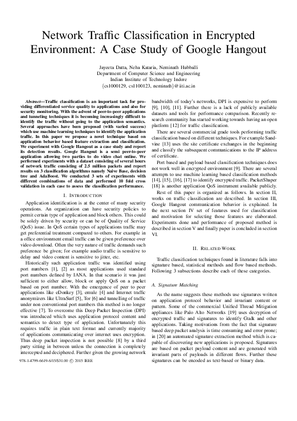 (PDF) Network traffic classification in encrypted environment: A case study of Google Hangout