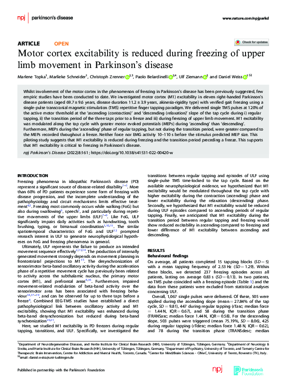 (PDF) Motor cortex excitability is reduced during freezing of upper ...