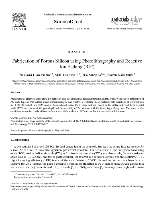 (PDF) Fabrication of Porous Silicon using Photolithography and Reactive Ion Etching (RIE)