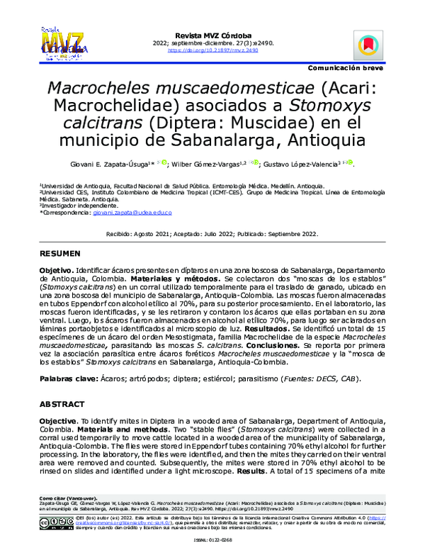 (PDF) Macrocheles muscaedomesticae (Acari: Macrochelidae) asociados a ...