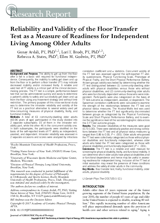 (PDF) Reliability and Validity of the Floor Transfer Test as a Measure ...