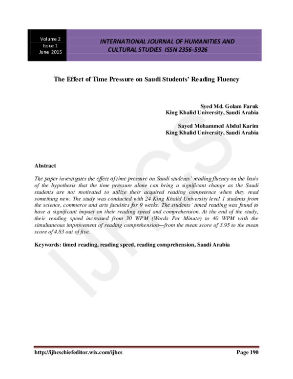 (PDF) The Effect of Time Pressure on Saudi Students’ Reading Fluency (PDF) The Effect of Time Pressure on Saudi Students’ Reading Fluency