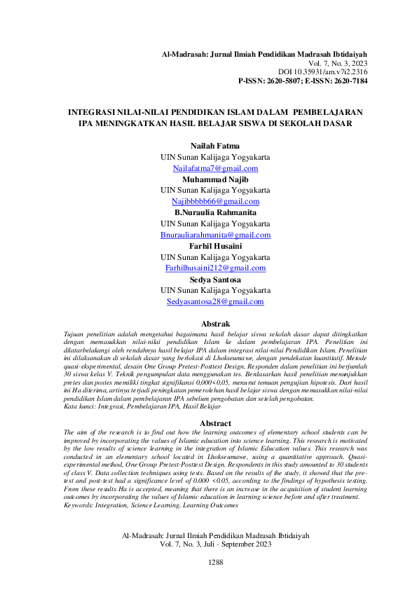 (PDF) Integrasi Nilai-Nilai Pendidikan Islam dalam Pembelajaran IPA Meningkatkan Hasil Belajar ...