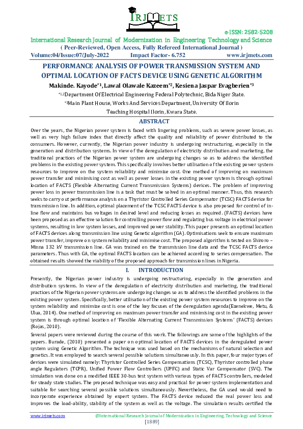 (PDF) PERFORMANCE ANALYSIS OF POWER TRANSMISSION SYSTEM AND OPTIMAL ...