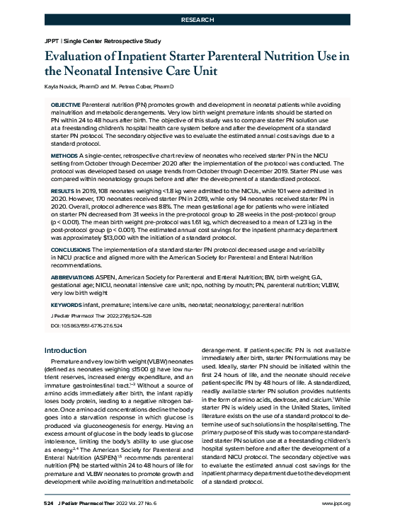 (PDF) Evaluation of Inpatient Starter Parenteral Nutrition Use in the ...