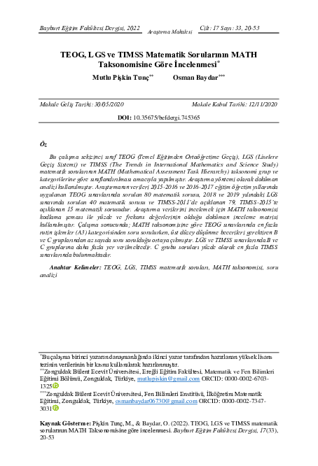 (PDF) TEOG, LGS ve TIMSS Matematik Sorularının MATH Taksonomisine Göre ...
