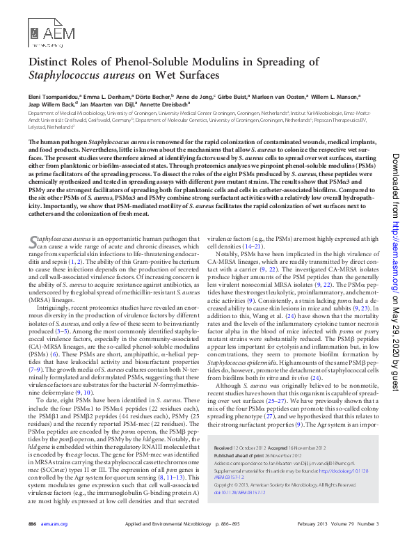 Pdf Distinct Roles Of Phenol Soluble Modulins In Spreading Of Staphylococcus Aureus On Wet
