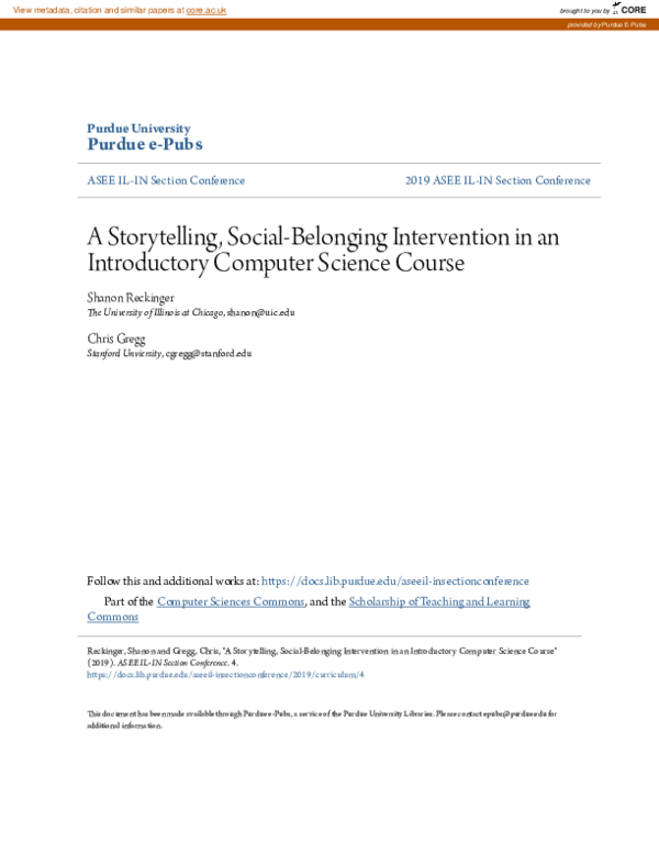 (PDF) A Storytelling, Social-Belonging Intervention in an Introductory ...