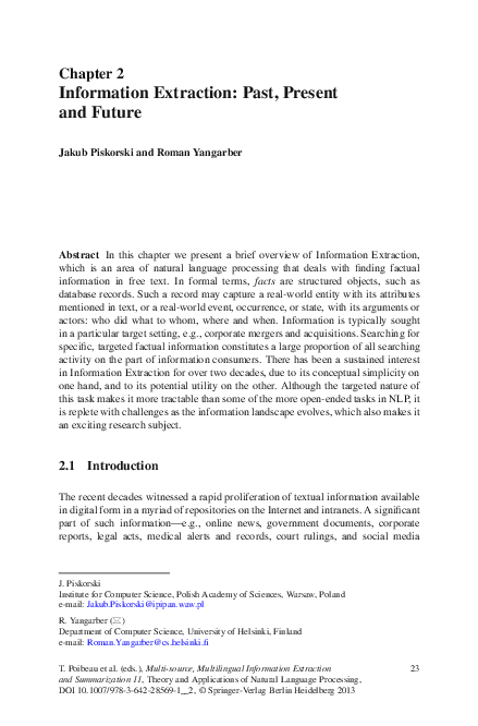 Pdf Information Extraction Past Present And Future Jakub