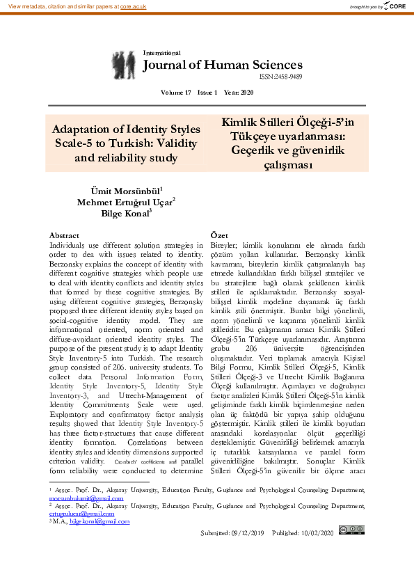 (PDF) Adaptation of Identity Styles Scale-5 to Turkish: Validity and reliability study