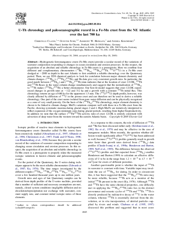 (PDF) U-Th chronology and paleoceanographic record in a Fe-Mn crust ...