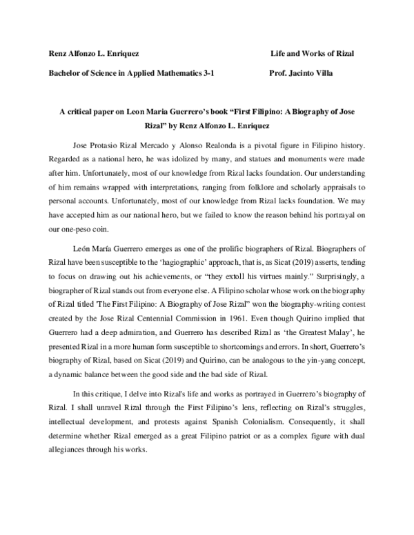 (PDF) A Critical Paper on Leon Maria Guerrero's book "First Filipino: A ...