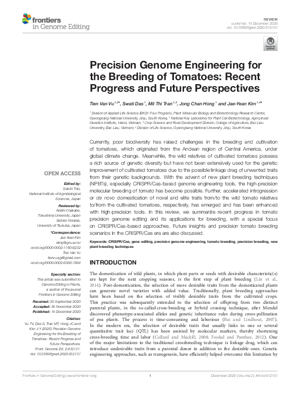 (PDF) Precision Genome Engineering for the Breeding of Tomatoes: Recent ...