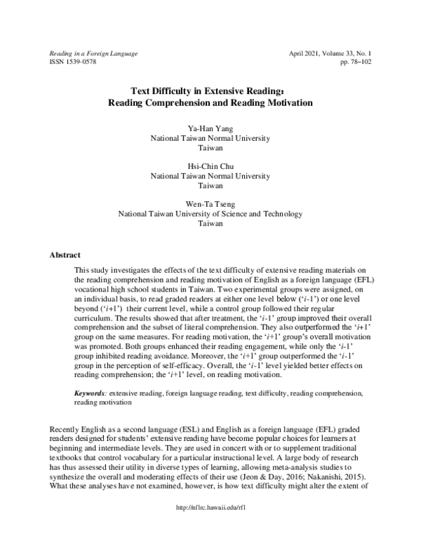 (PDF) Text difficulty in extensive reading: Reading comprehension and ...