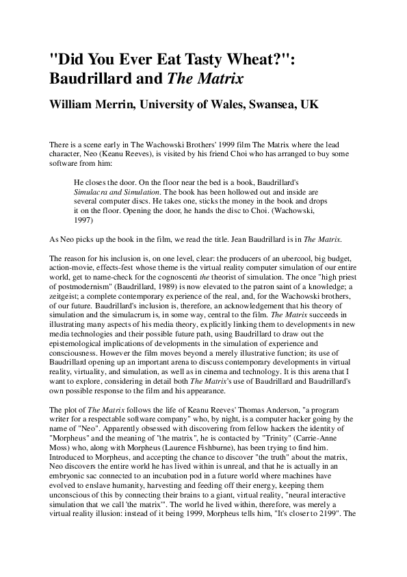 (PDF) Did You Ever Eat Tasty Wheat? Baudrillard and the Matrix