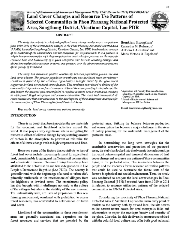 (PDF) Land Cover Changes and Resource Use Patterns of Selected ...