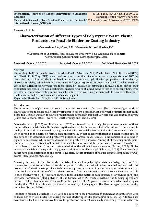 (PDF) Characterization of Different Types of Polystyrene Waste Plastic ...
