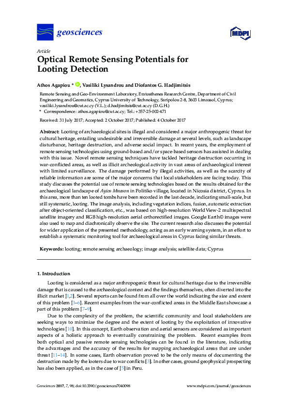 (PDF) Optical Remote Sensing Potentials for Looting Detection