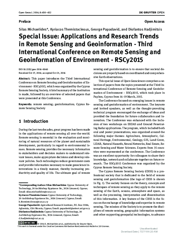 (PDF) Special Issue: Applications and Research Trends in Remote Sensing ...