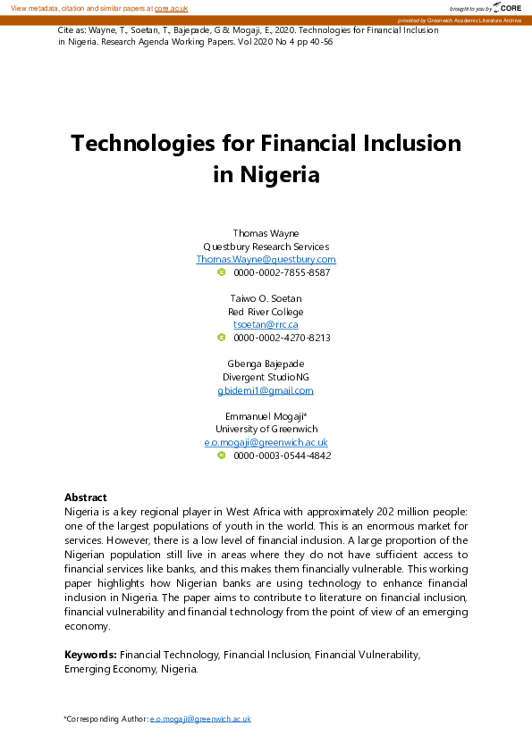 (PDF) Technologies for Financial Inclusion in Nigeria