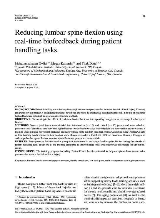 Pdf Reducing Lumbar Spine Flexion Using Real Time Biofeedback During Patient Handling Tasks