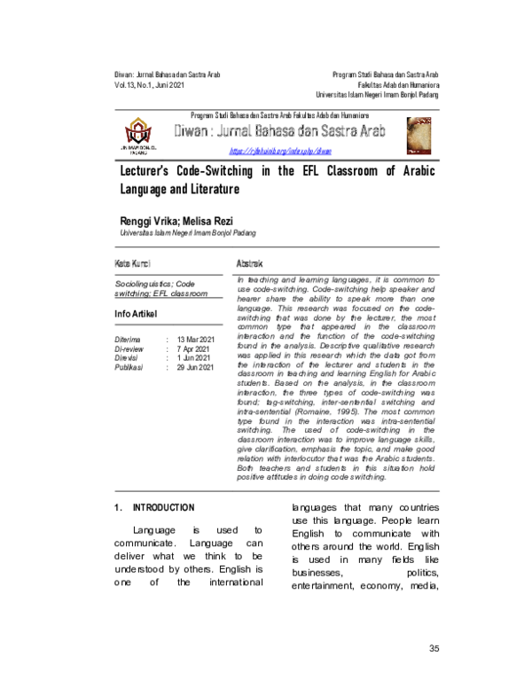 Pdf Lecturers Code Switching In The Efl Classroom Of Arabic Language And Literature