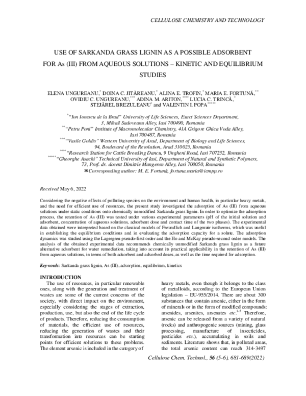 (PDF) USE OF SARKANDA GRASS LIGNIN AS A POSSIBLE ADSORBENT FOR As (III ...