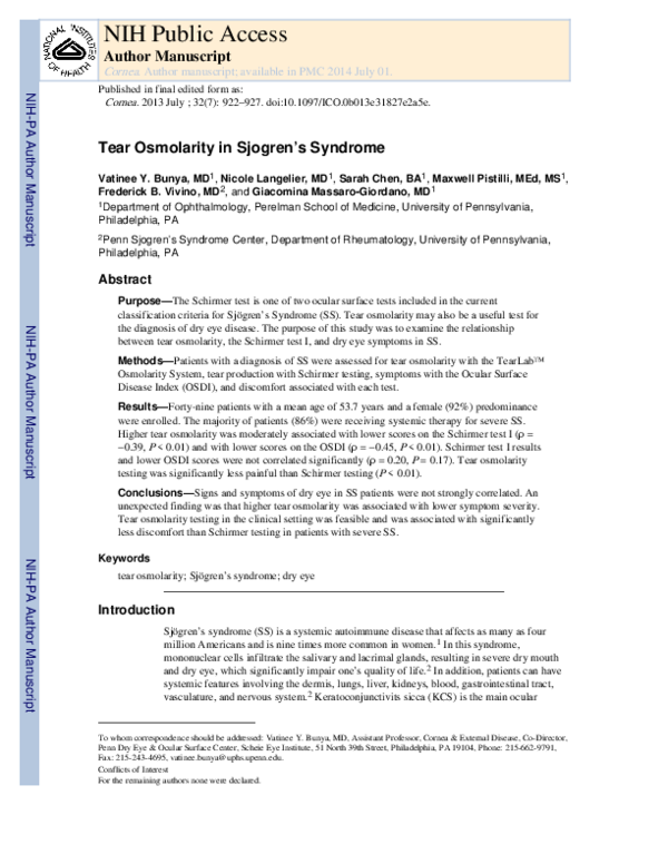 (PDF) Tear Osmolarity in Sjögren Syndrome