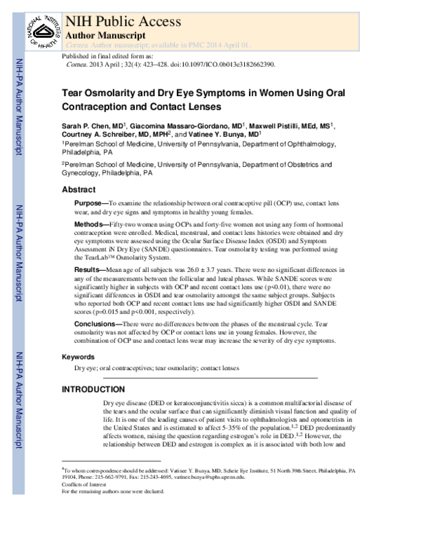 (PDF) Tear Osmolarity and Dry Eye Symptoms in Women Using Oral ...