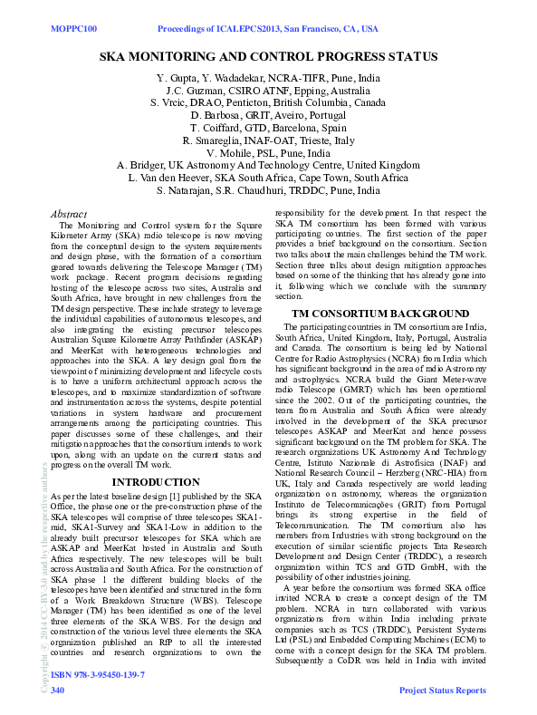 (PDF) Ska Monitoring and Control Progress Status