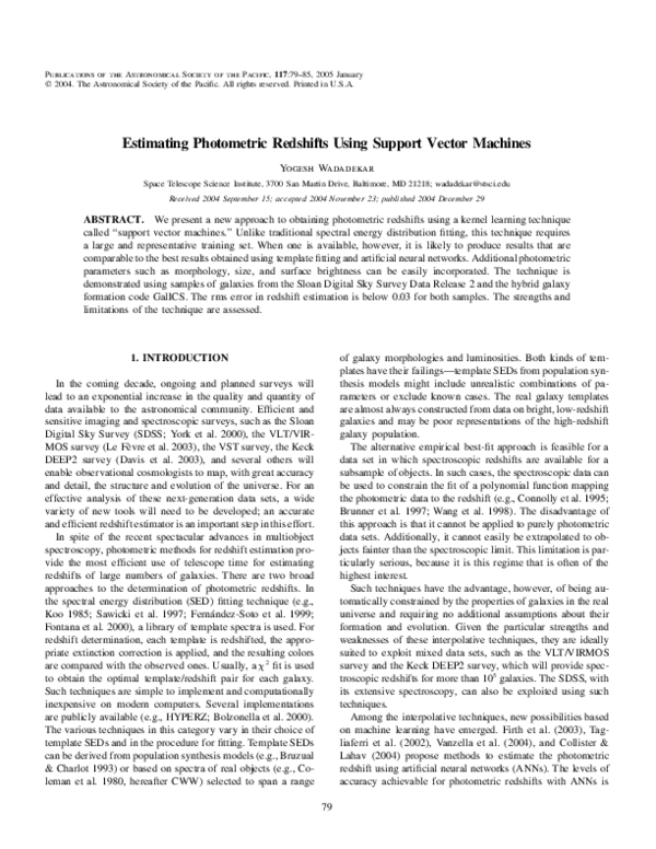(PDF) Estimating Photometric Redshifts Using Support Vector Machines