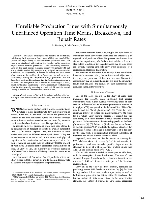 (PDF) Unreliable Production Lines with Simultaneously Unbalanced ...