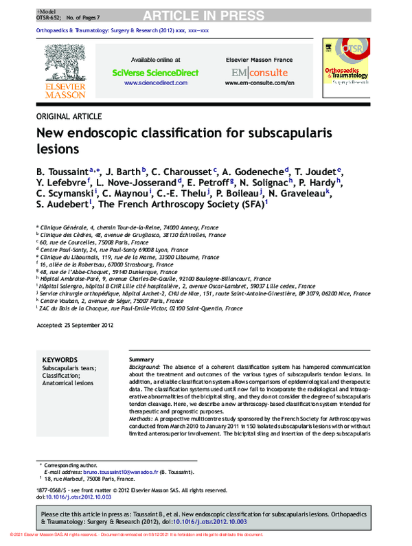 (PDF) New endoscopic classification for subscapularis lesions