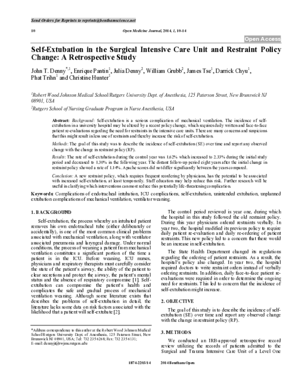 (PDF) Self-Extubation in the Surgical Intensive Care Unit and Restraint ...