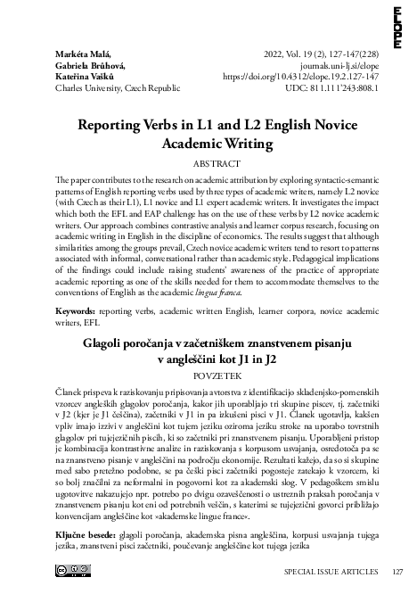 Pdf Reporting Verbs In L1 And L2 English Novice Academic Writing
