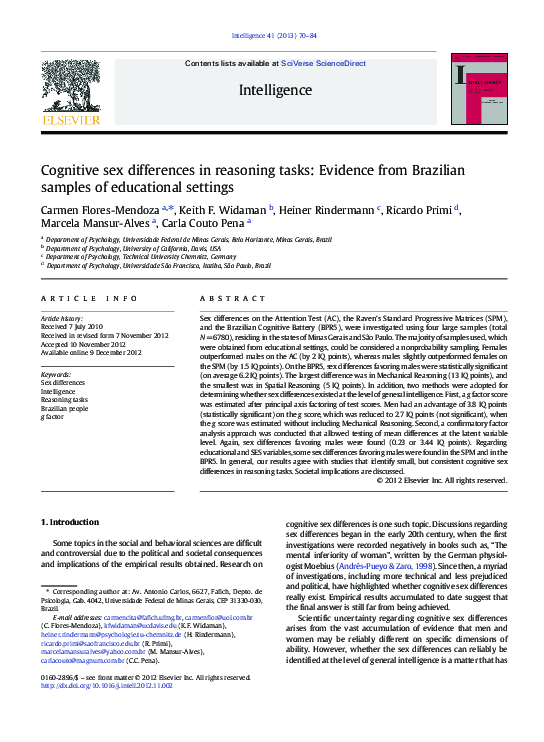 Pdf Cognitive Sex Differences In Reasoning Tasks Evidence From Brazilian Samples Of